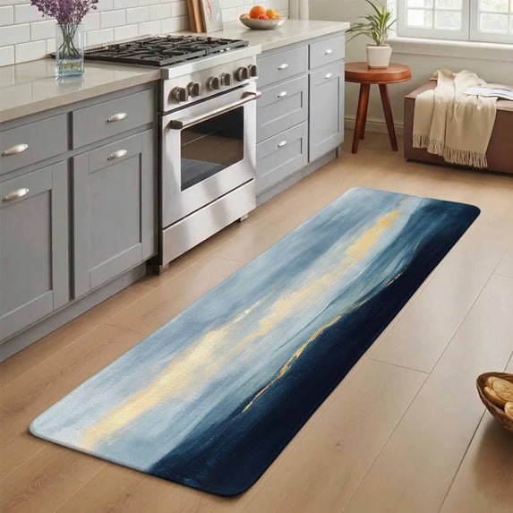 Abstract Wave Art Washable Runner Rug 3X7 ft Blue Yellow Sunshine Oil ...