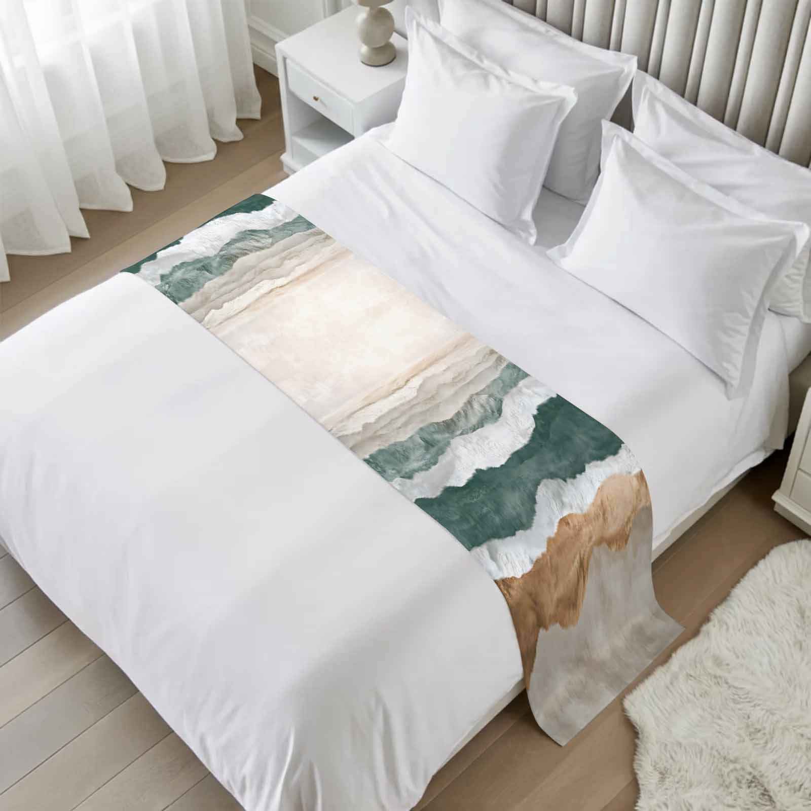 Abstract Wave Bed Runner Scarf, Lines Green White Brown Ombre Modern ...