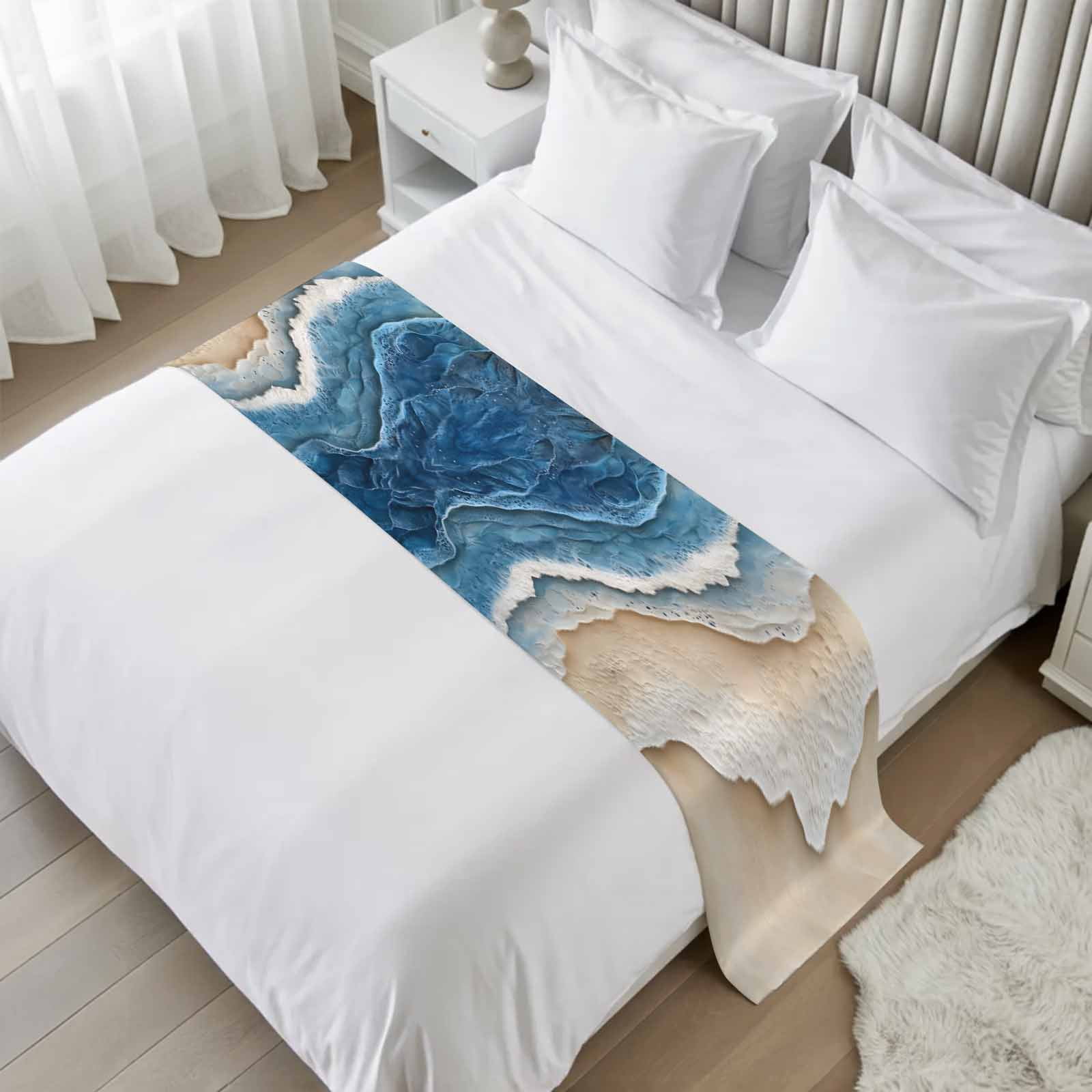 Abstract Wave Bed Runner Scarf, Texture Blue Beige Gradient Brach ...
