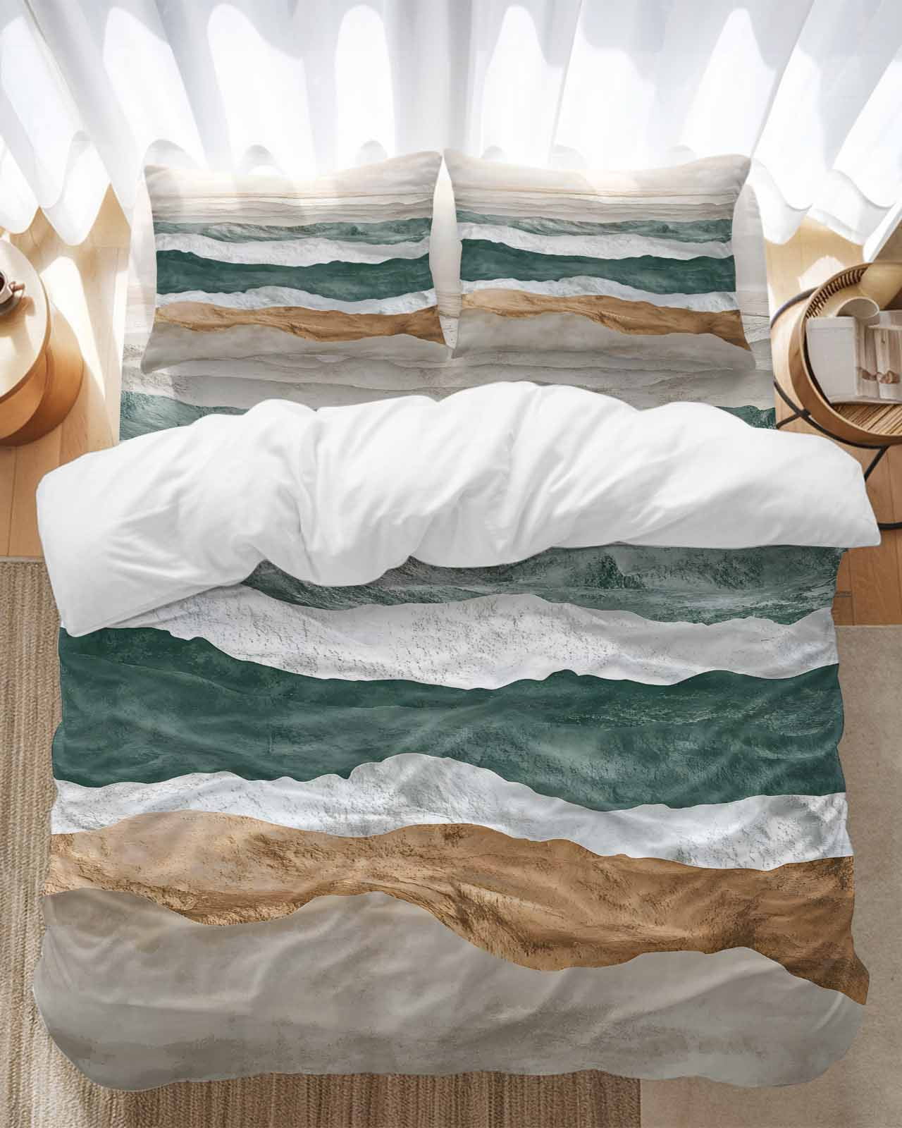 Abstract Wave Bedding Duvet Cover Set Queen Size 4 Pieces Lines Green ...