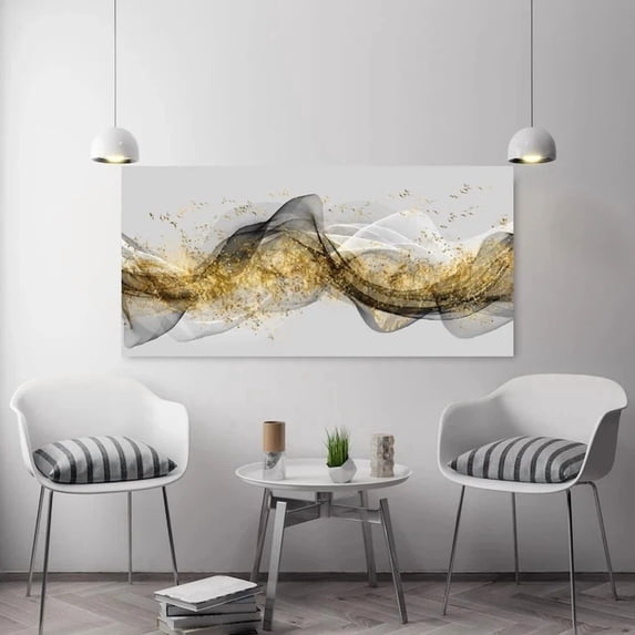Abstract Wave Black Gold Modern White Paint Wall Art Home Decor Vintage ...