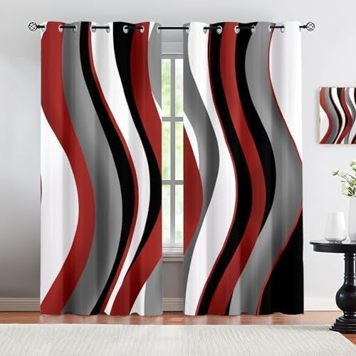 Abstract Wave Blackout Curtains, Modern Fashion Red Gray White Stripes ...