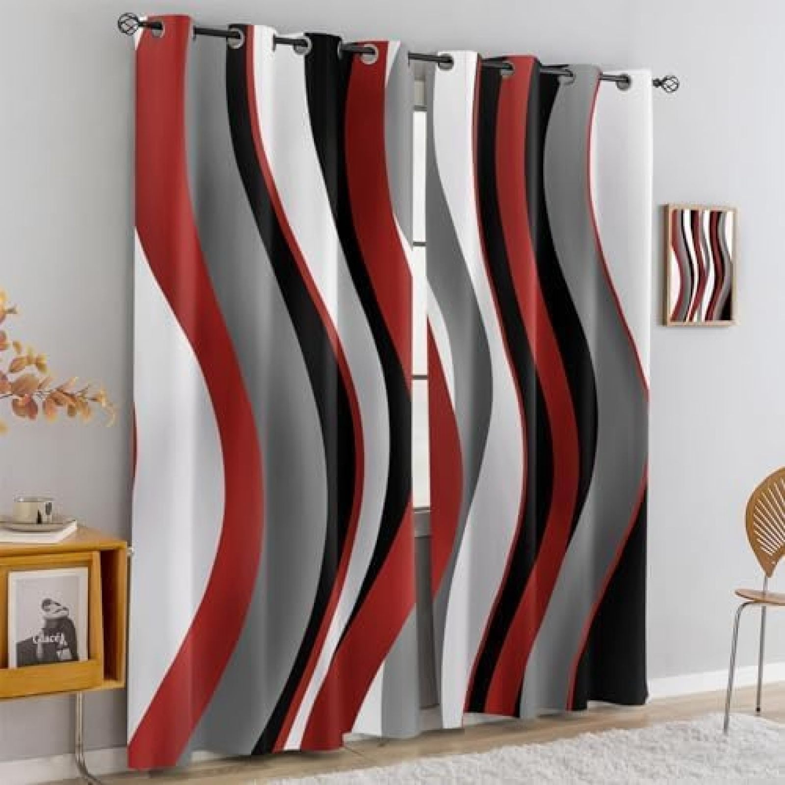 Abstract Wave Blackout Curtains, Modern Red Gray White Stripes Curtains ...