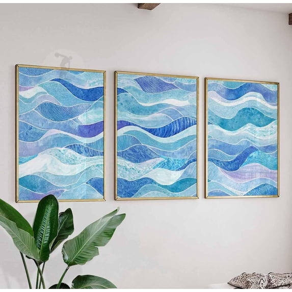 Abstract Wave Blue Coastal Art Set 3 Stretched Canvas 8x12 - Walmart.com