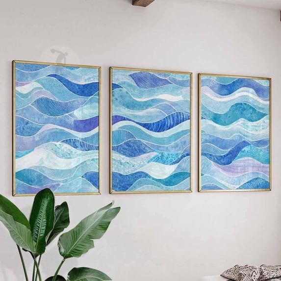 Abstract Wave Blue Ocean Inspired Modern Coastal Wall Art Set 3 ...