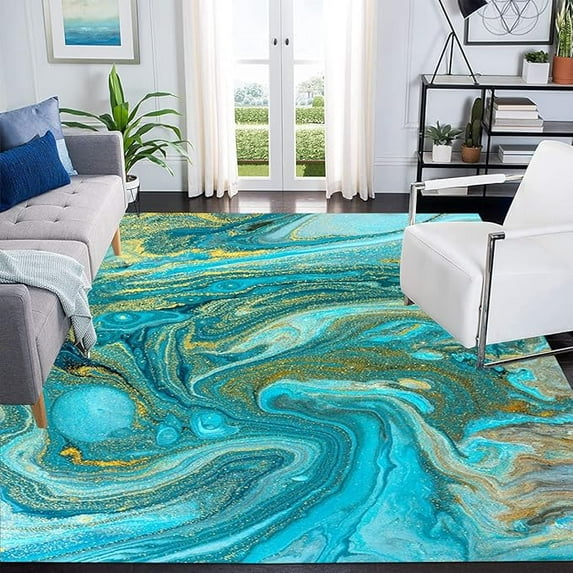 Abstract Wave Design Blue Gold Modern Area Rug Washable Soft No-Slip ...