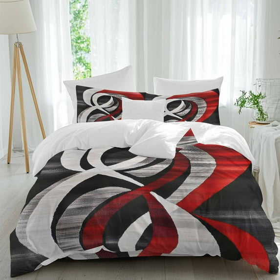 Abstract Wave Duvet Cover Set King Size, Red Black White Line 4 Piece ...
