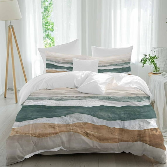 Abstract Wave Duvet Cover Set Twin Size, Lines Green White Brown Ombre ...
