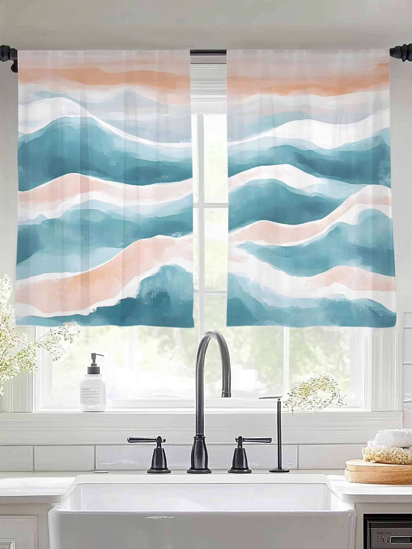 Abstract Wave Effect Sheer Curtains 45 Inches Long 2 Panels Blue ...