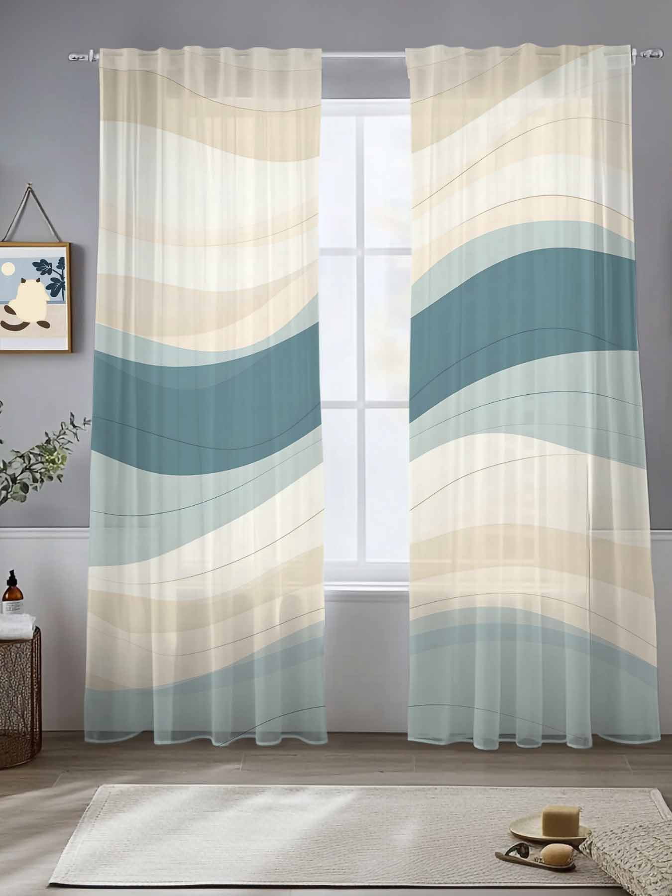Abstract Wave Effect Sheer Curtains 96 Inches Long 2 Panels Watercolor ...