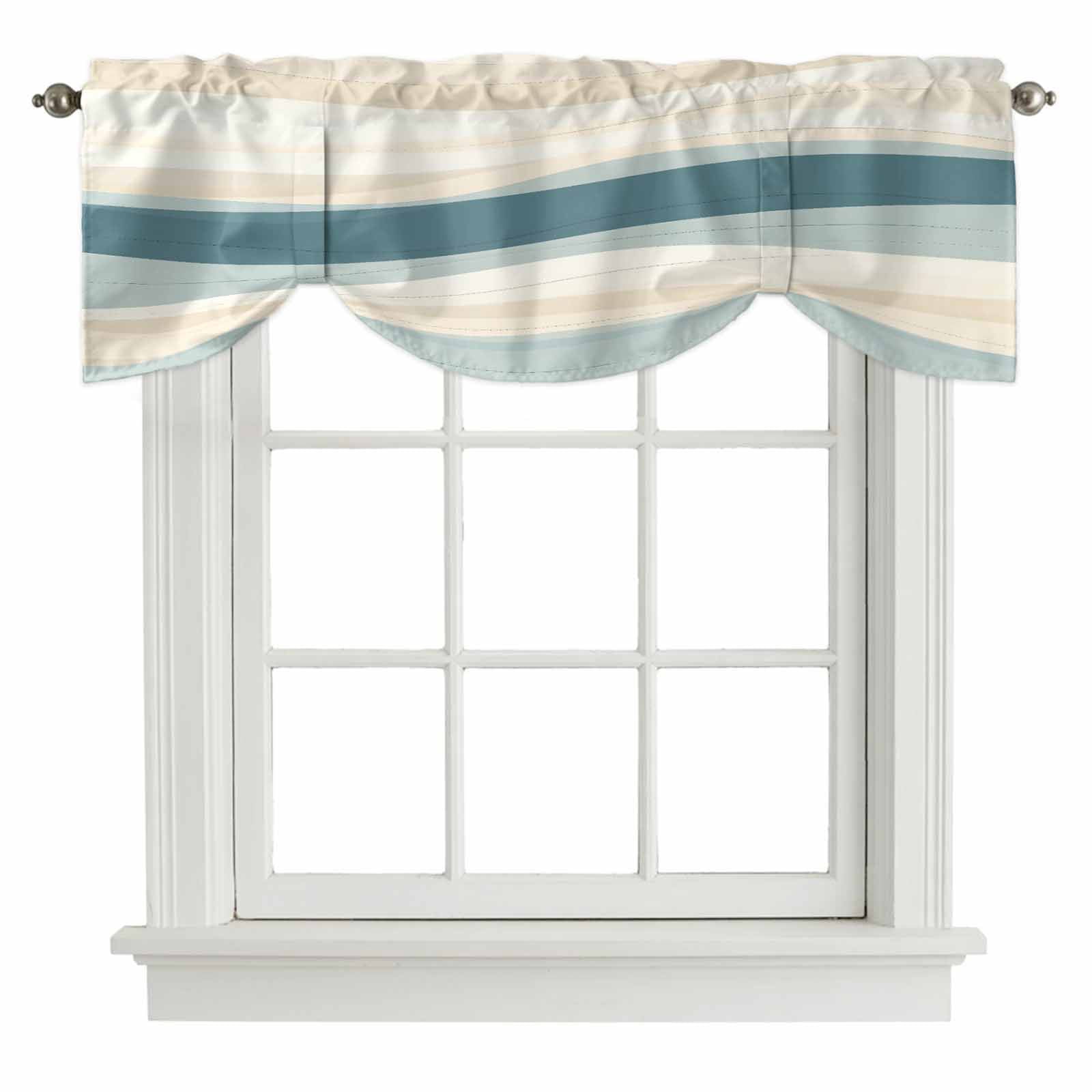 Abstract Wave Effect Tie Up Valances Curtain, Watercolor Blue Stripe ...