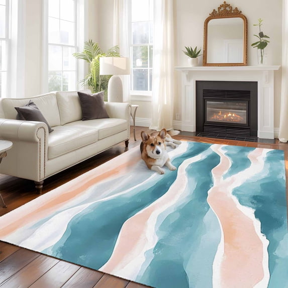 Abstract Wave Effect Washable Area Rug 5x7 Blue Watercolor Modern Art ...