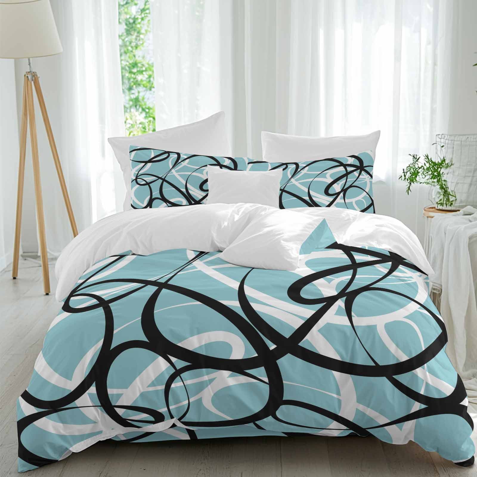 Abstract Wave Line 4 Piece Duvet Cover Set Full Size Black White Teal ...