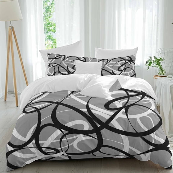 Abstract Wave Line 4 Piece Duvet Cover Set Queen Size Black White Grey ...