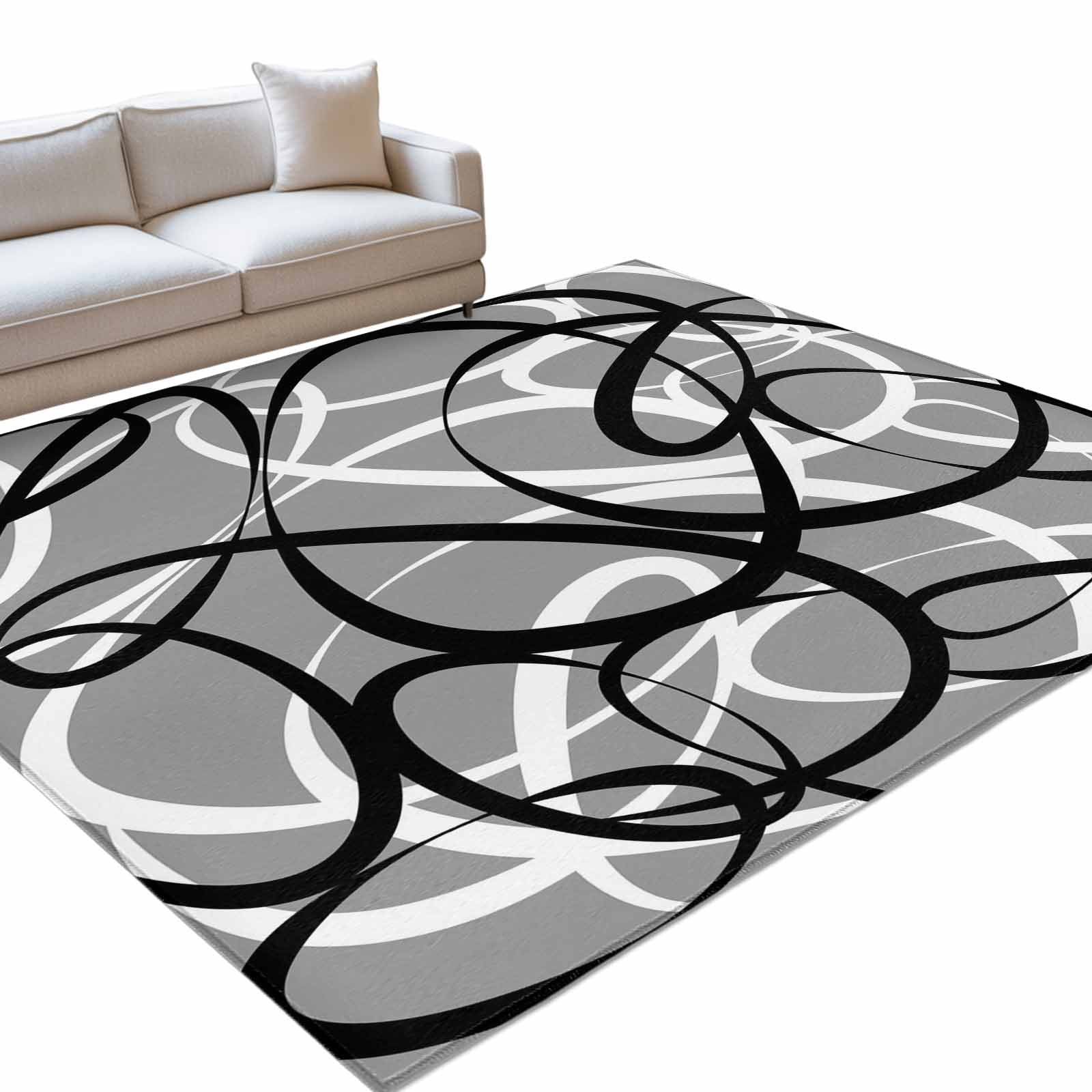 Abstract Wave Line Area Rugs 2.7x5ft Black White Grey Geometric Stripe ...
