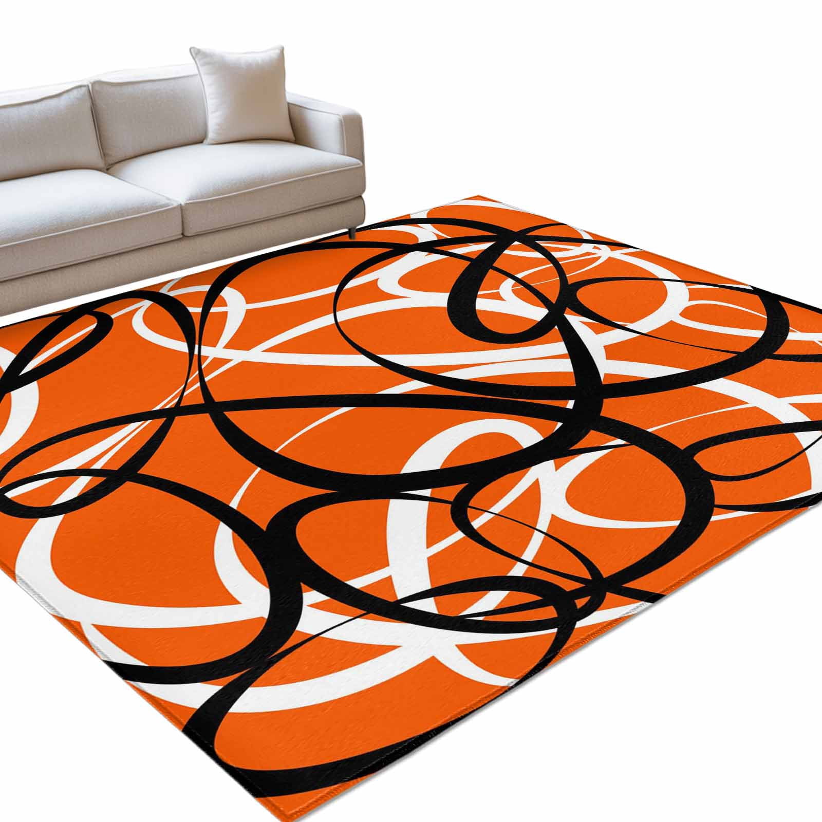 Abstract Wave Line Area Rugs 5x7ft Black White Orange Geometric Stripe ...