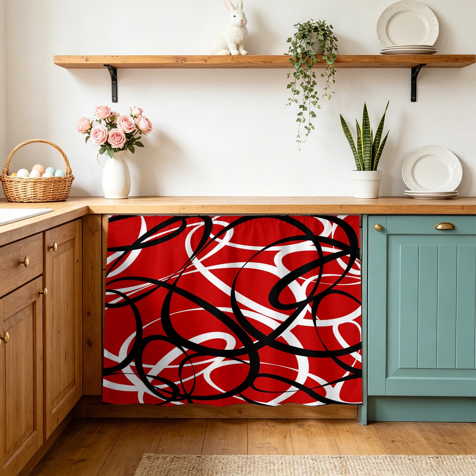Abstract Wave Line Cabinet Curtains 10" W x 11" L Black White Red ...