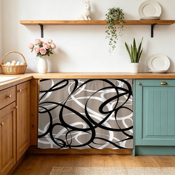 Abstract Wave Line Cabinet Curtains 28" W x 35" L Black White Brown ...