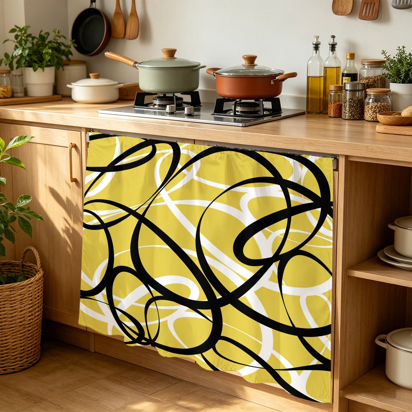 Abstract Wave Line Cabinet Curtains 35" W x 35" L Black White Yellow ...