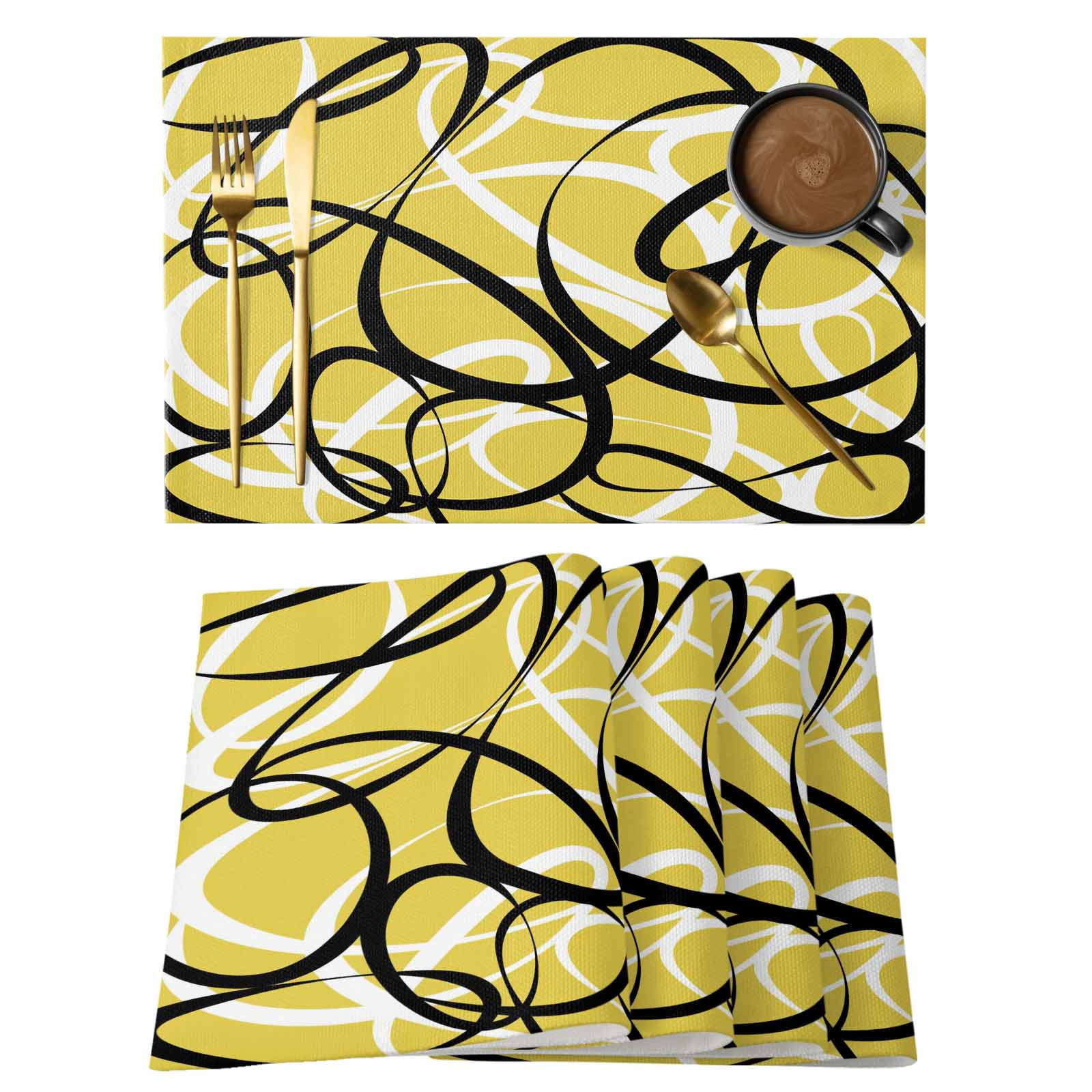 Abstract Wave Line Cotton Linen Placemats Set of 1, Black White Yellow ...