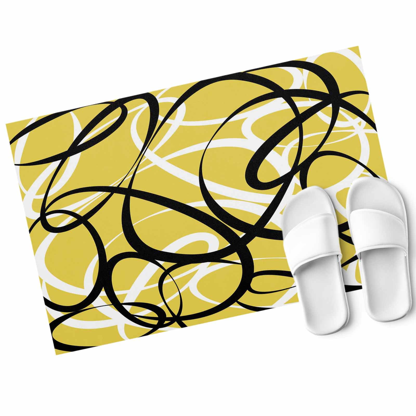 Abstract Wave Line Door Mat Black White Yellow Geometric Stripe Modern ...