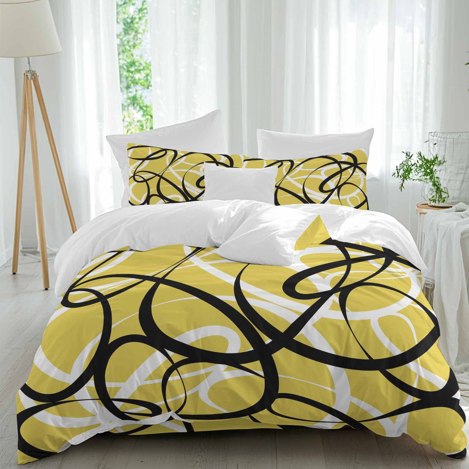 Abstract Wave Line Duvet Cover Set Full Size, Black White Yellow ...