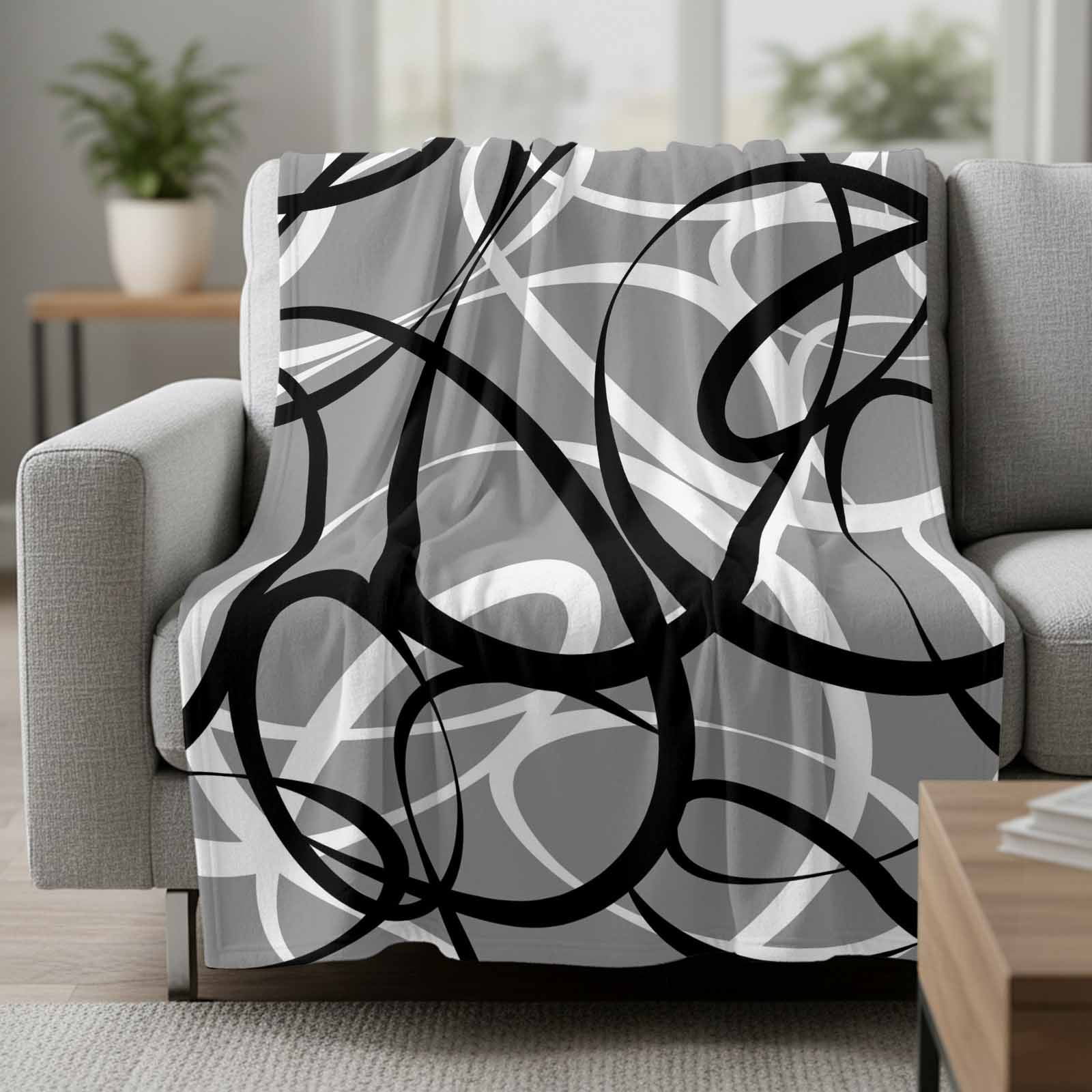 Abstract Wave Line Fleece Throw Blanket Black White Grey Geometric ...
