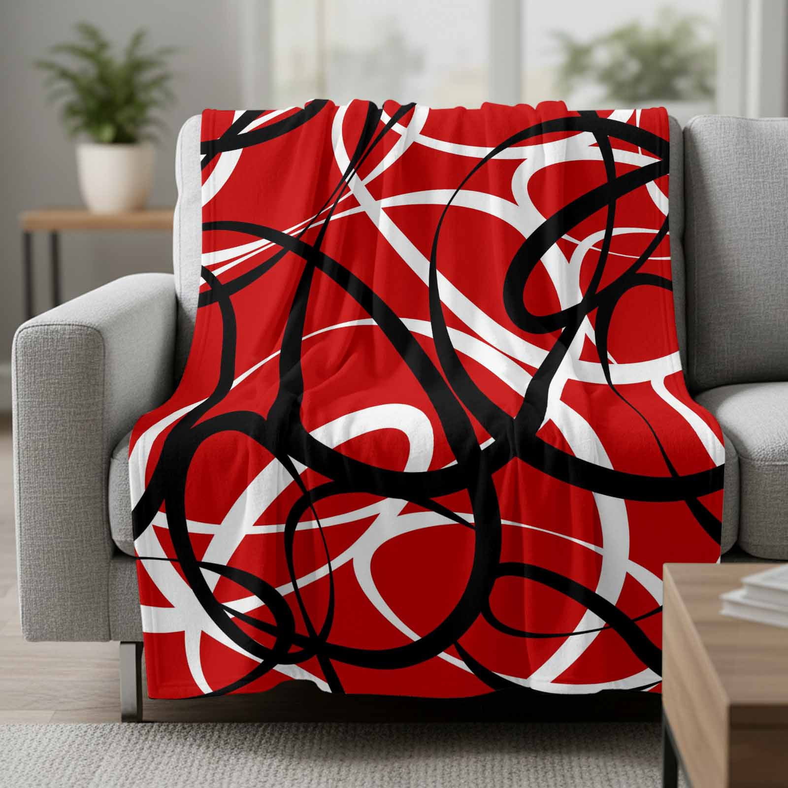 Abstract Wave Line Fleece Throw Blanket Black White Red Geometric ...