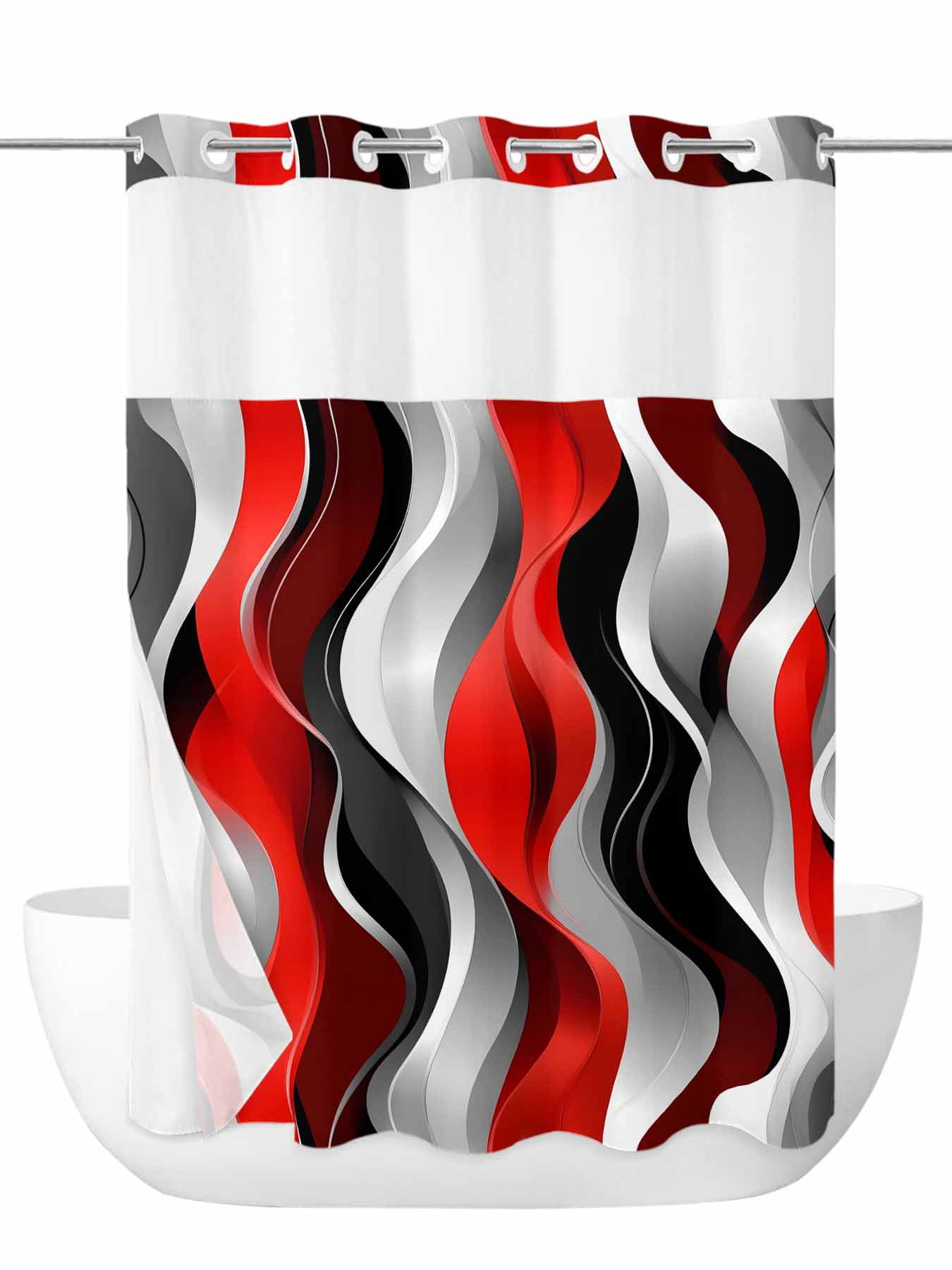 Abstract Wave Line No Hook Shower Curtain and Liner Set Gray Red Black ...