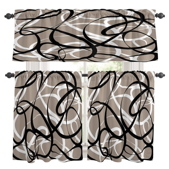 Abstract Wave Line Kitchen Curtains Set for Windows, Black White Brown ...