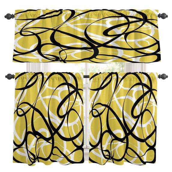 Abstract Wave Line Kitchen Curtains Set for Windows, Black White Yellow ...