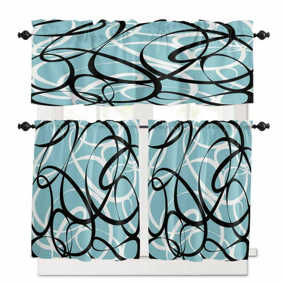 Abstract Wave Line Kitchen Curtains Valance and Tier Set Black White ...