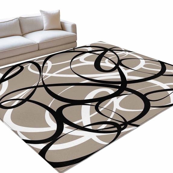 Abstract Wave Line Large Area Rugs 5x8ft Black White Brown Geometric ...