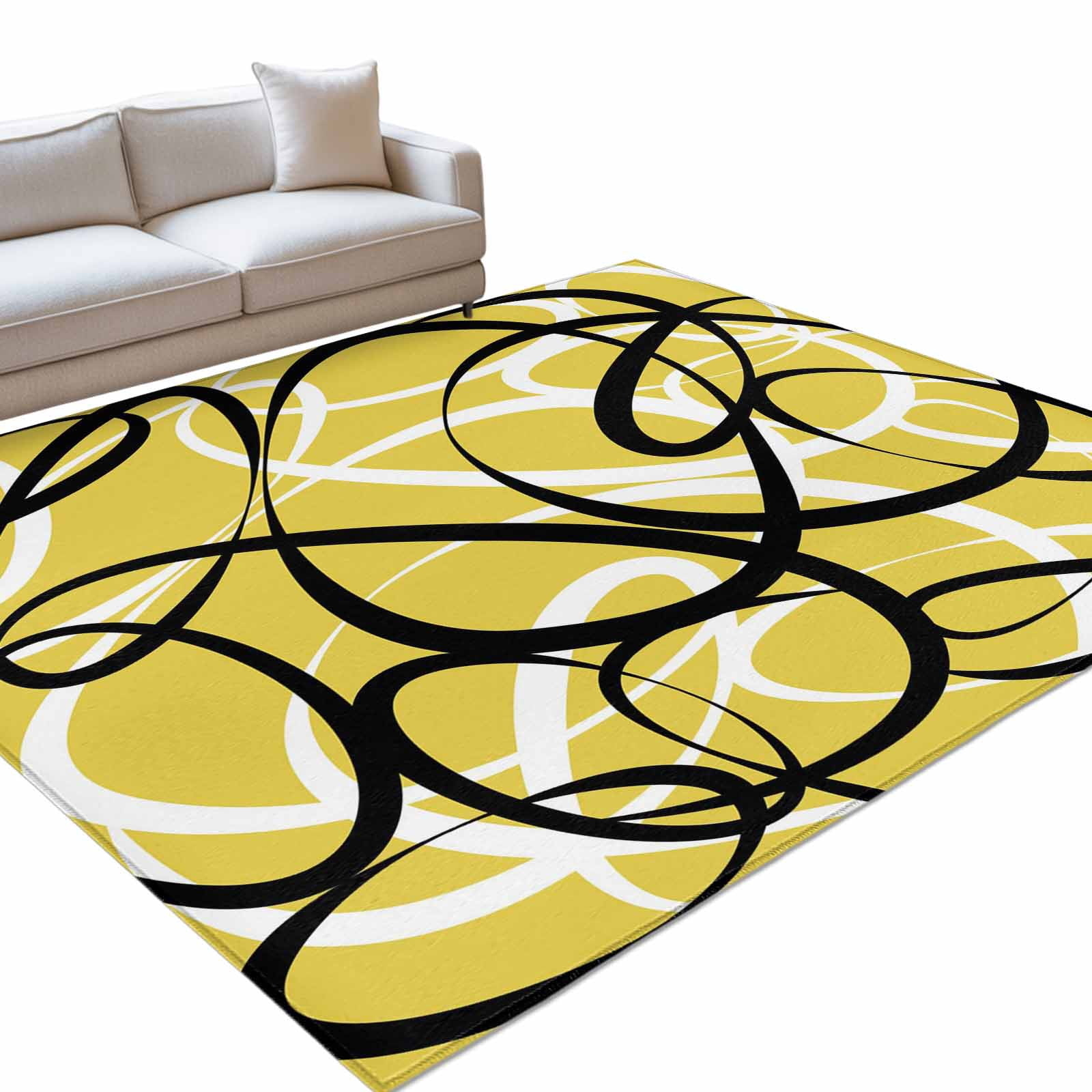 Abstract Wave Line Large Area Rugs 6x9ft Black White Yellow Geometric ...