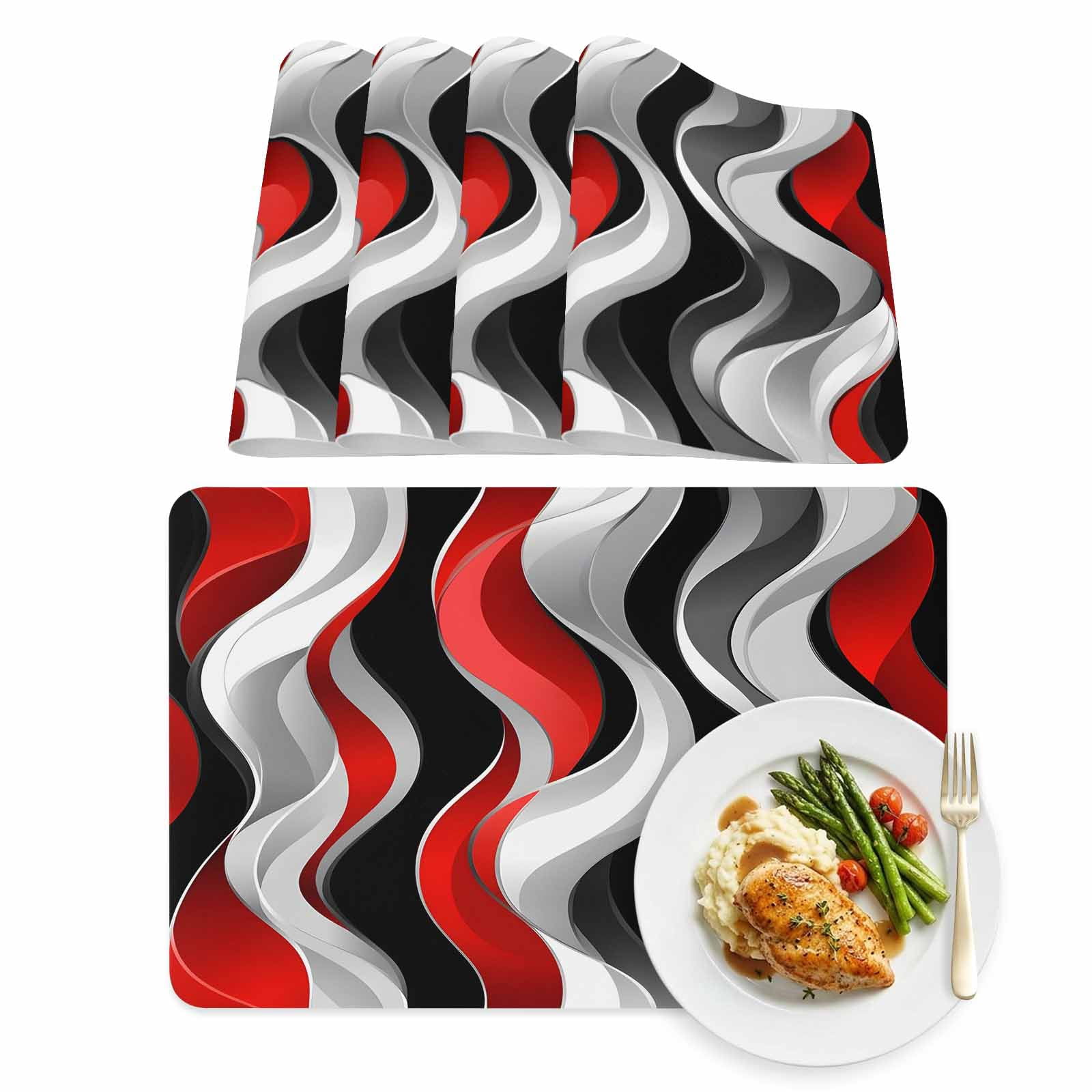 Abstract Wave Line Leather Placemats Set of 4, 12x18 Inch, Black Red ...