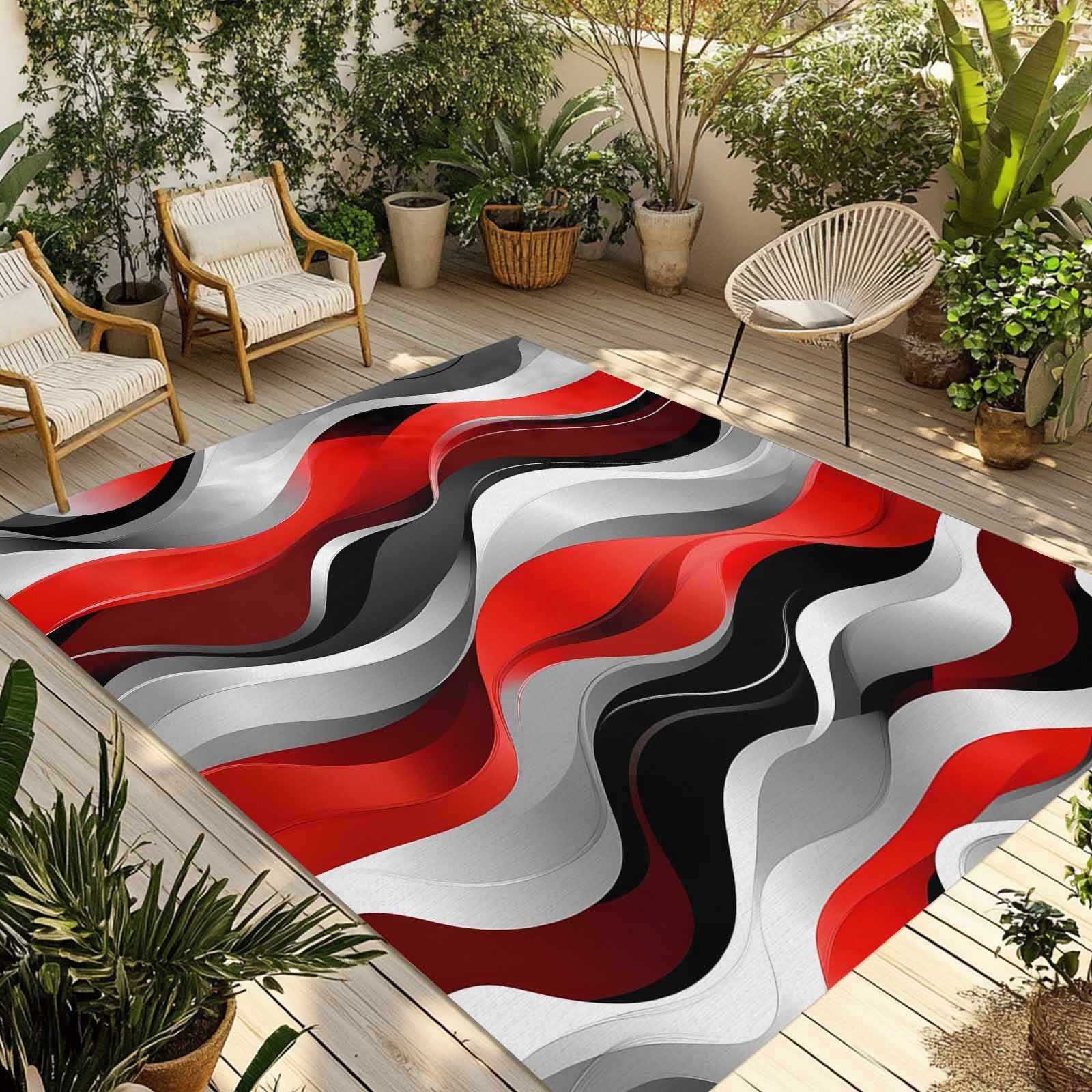 Abstract Wave Line Outdoor Rug, Gray Red Black Stripe Graffiti Non-Slip ...