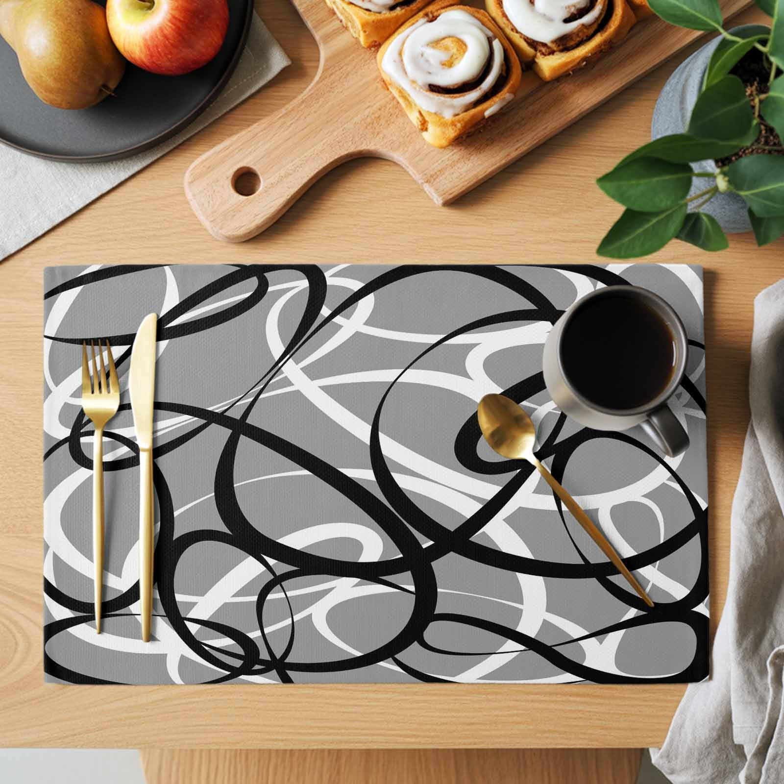 Abstract Wave Line Placemats Set of 12, Black White Grey Geometric ...