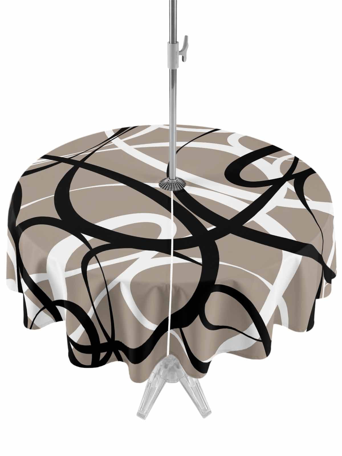 Abstract Wave Line Round Outdoor Tablecloth with Umbrella Hole Black ...