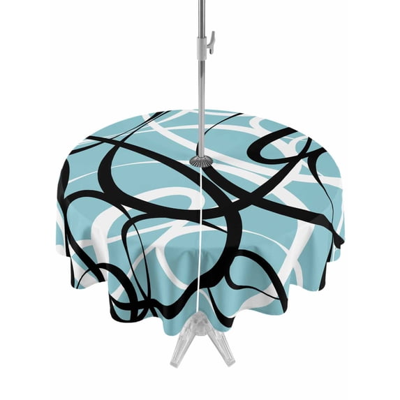 Abstract Wave Line Round Outdoor Tablecloth with Umbrella Hole Black ...