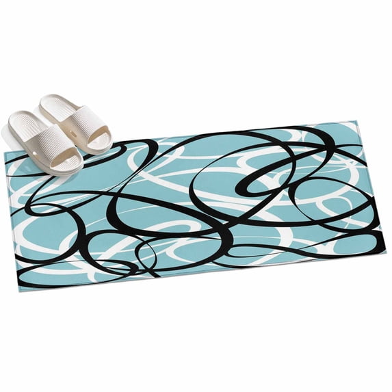 Abstract Wave Line Runner Rugs 2x6ft Black White Teal Geometric Stripe ...