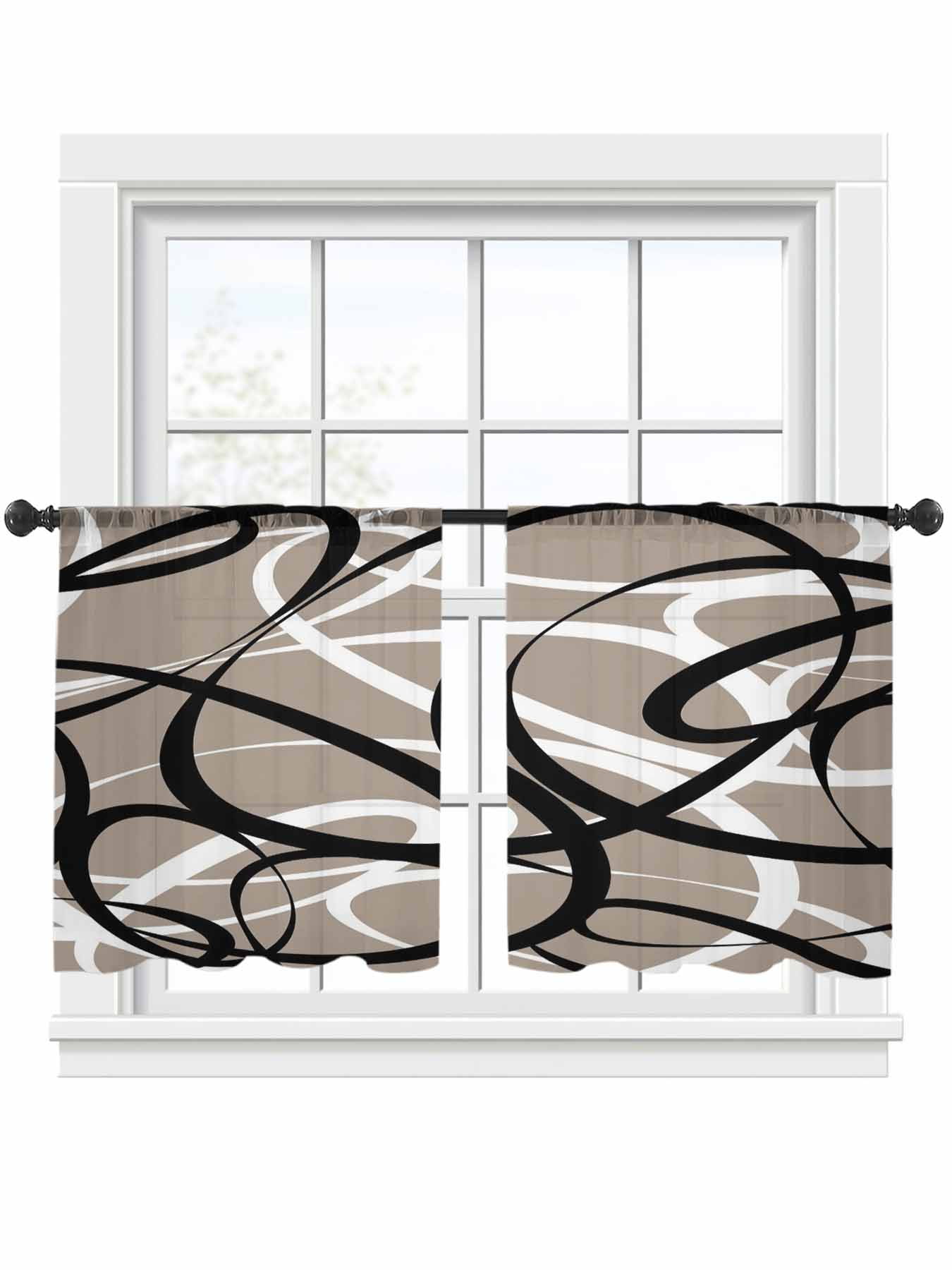 Abstract Wave Line Sheer Curtains 2 Panels Set Black White Brown ...