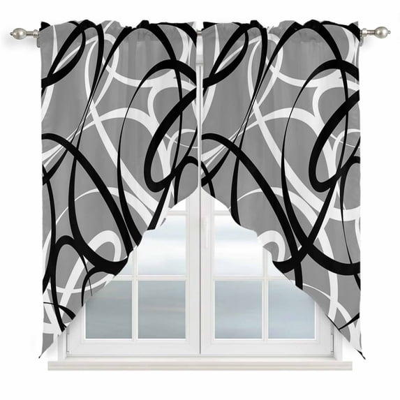 Abstract Wave Line Swag Curtain Valance for Window 2 Panels Black White ...