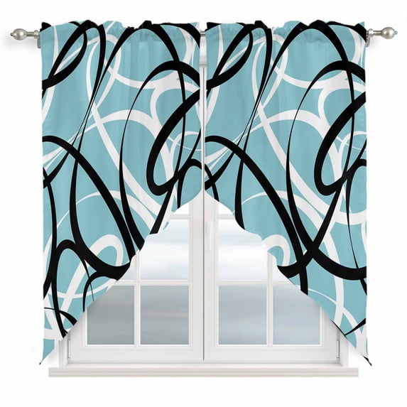 Abstract Wave Line Swag Curtain Valance for Window 2 Panels Black White ...