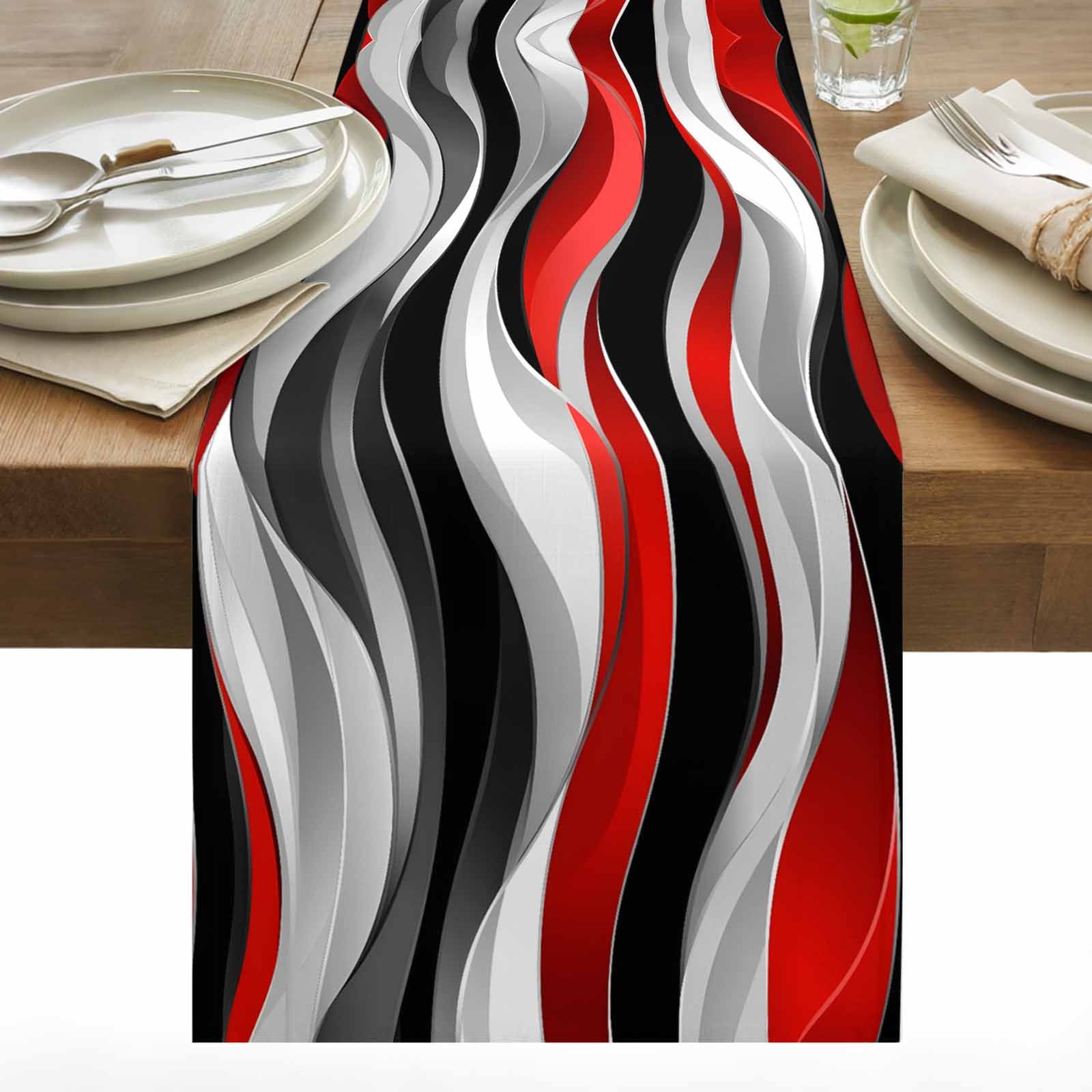 Abstract Wave Line Table Runner 13x36 inch Black Red Gray Stripe ...