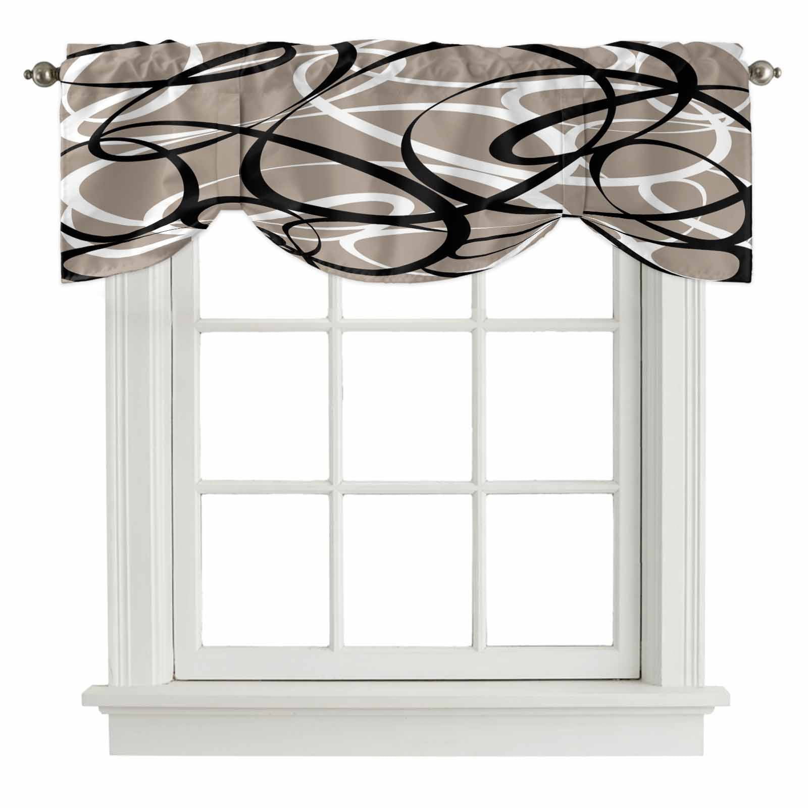 Abstract Wave Line Tie Up Valance Curtains Black White Brown Geometric ...