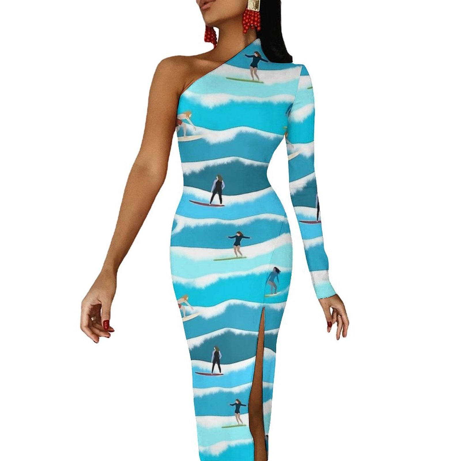 Abstract Wave Of Sea Maxi Dress One Shoulder Party Bodycon Dresses ...
