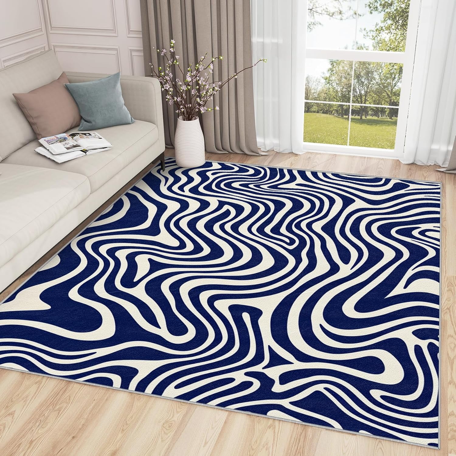 Abstract Wave Optical Illusion Area Rug, Navy Swirl Pattern Rugs, Zebra ...