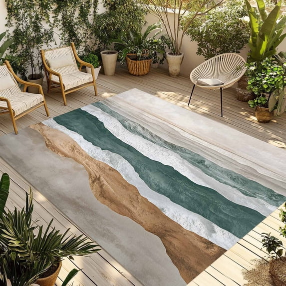 Abstract Wave Outdoor Rug, Lines Green White Brown Ombre Modern Art Non ...