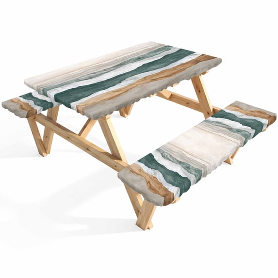 Abstract Wave Picnic Table Cover with Bench Covers Lines Green White ...