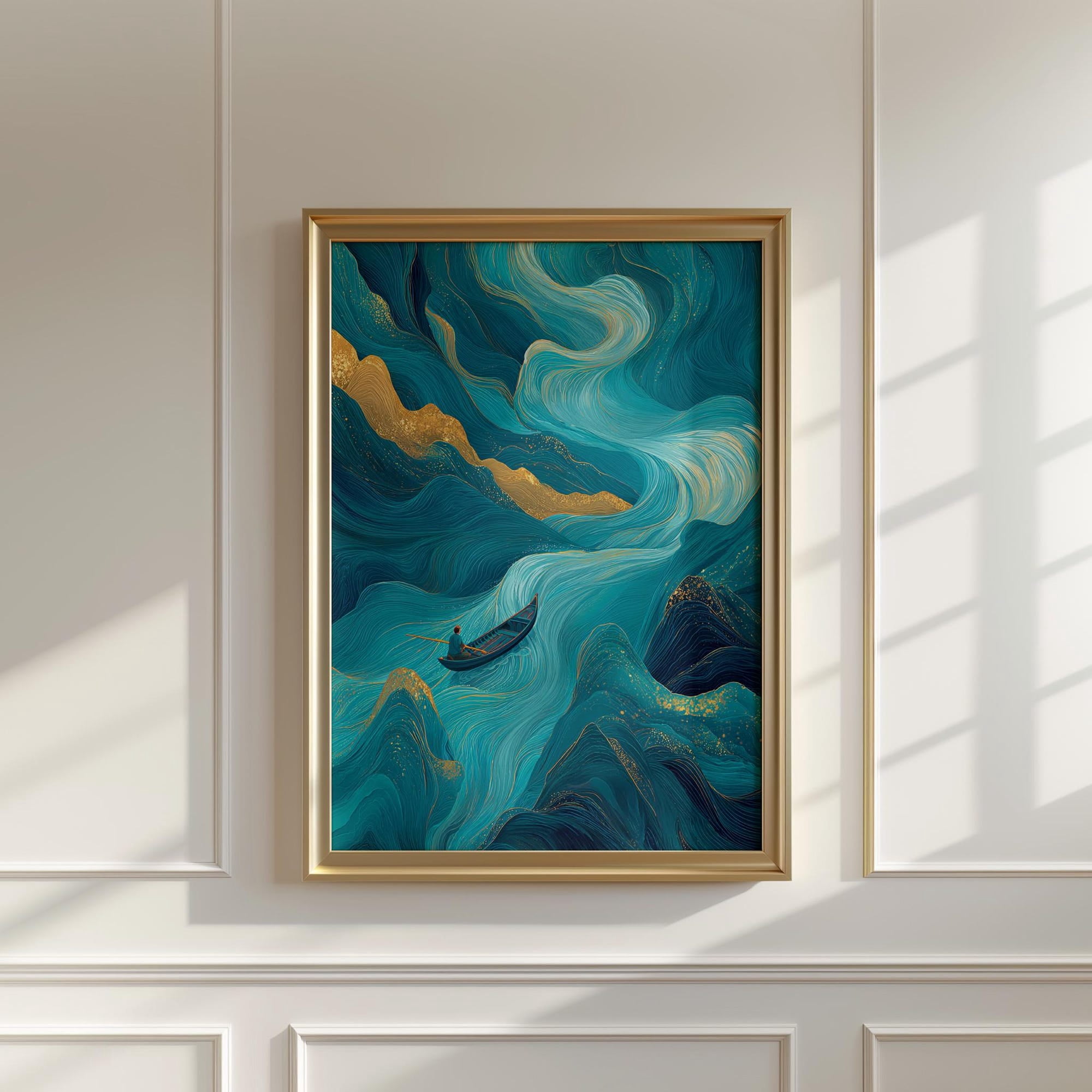 Abstract Wave Poster in Teal and Gold Illustration Style with Boat ...